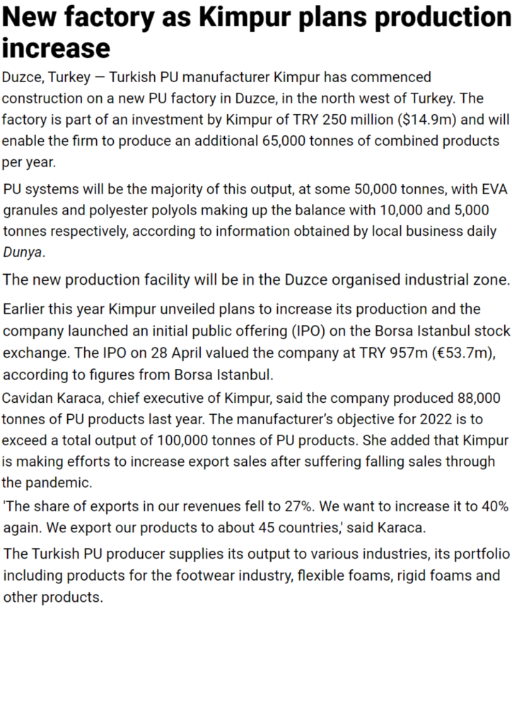New Factory As Kimpur Plans Production Increase - Urethanes Technology - Kimpur